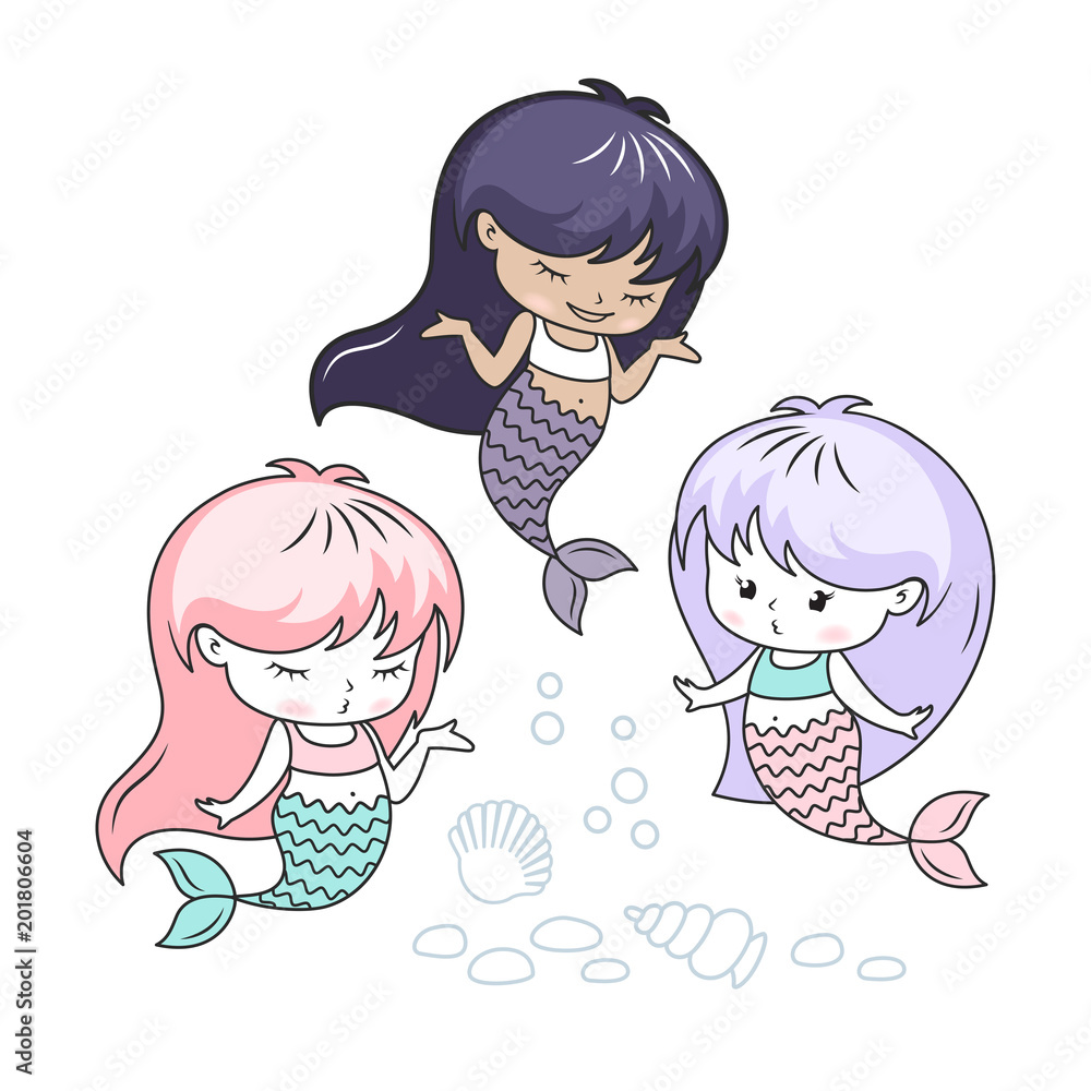 Little mermaids cartoon characters vector illustration Stock Vector ...
