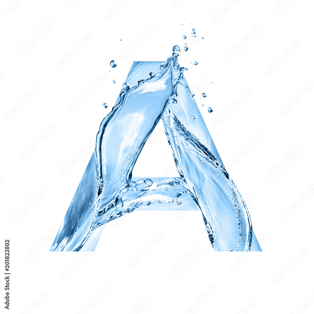 stylized font, text made of water splashes, capital letter a, isolated ...