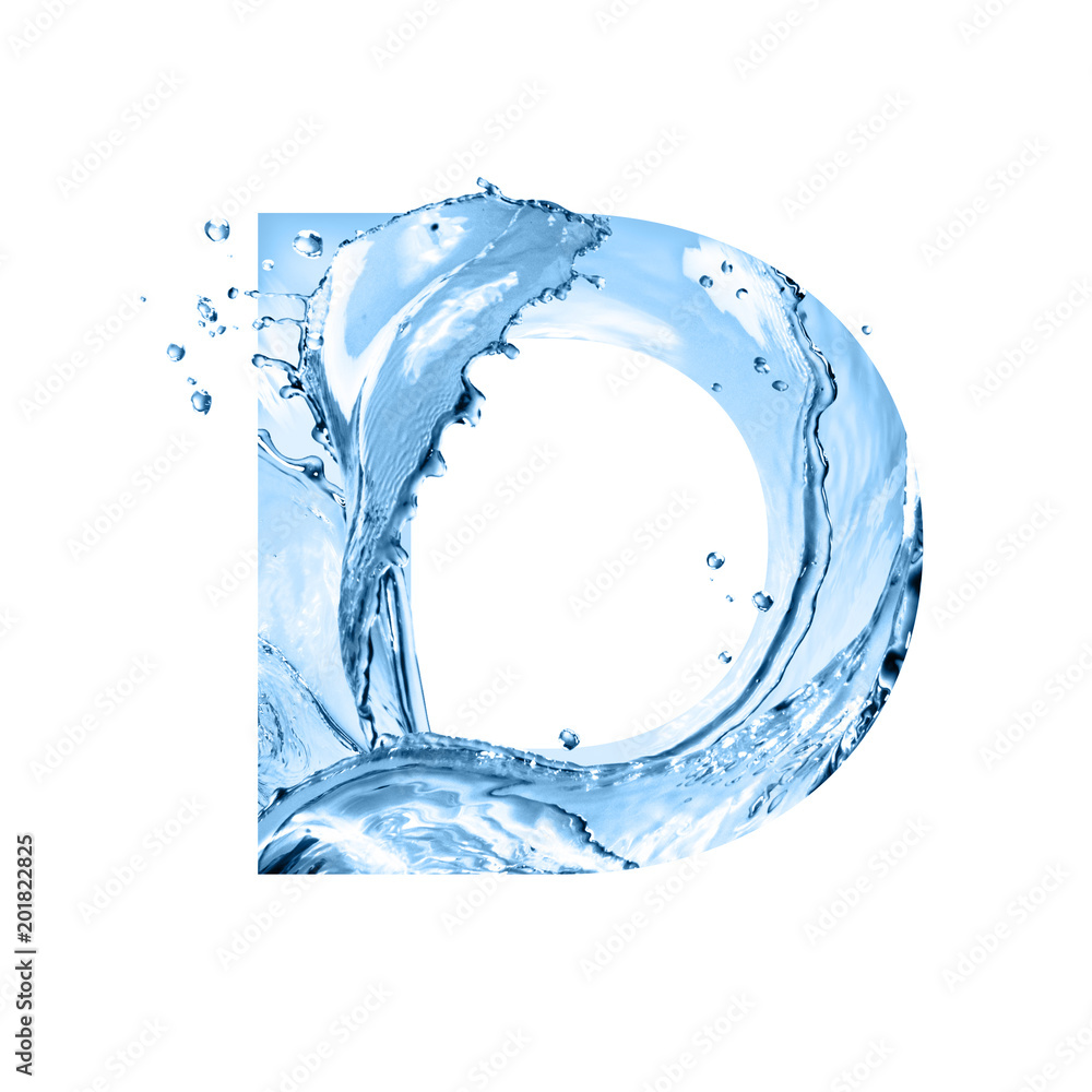 stylized font, text made of water splashes, capital letter d, isolated ...