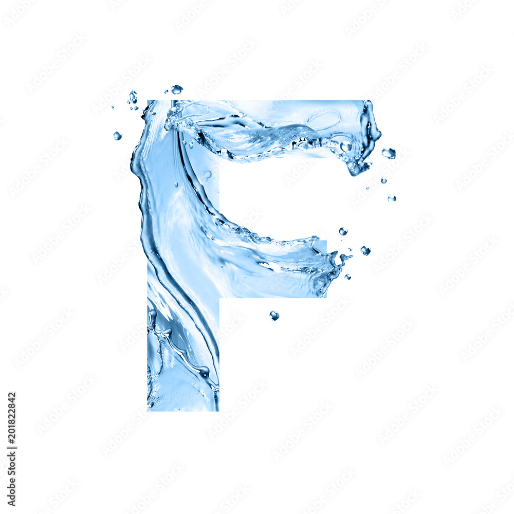 stylized font, text made of water splashes, capital letter f, isolated ...