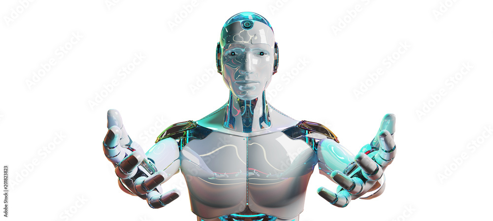 White male cyborg opening his two hands 3D rendering Stock Illustration ...