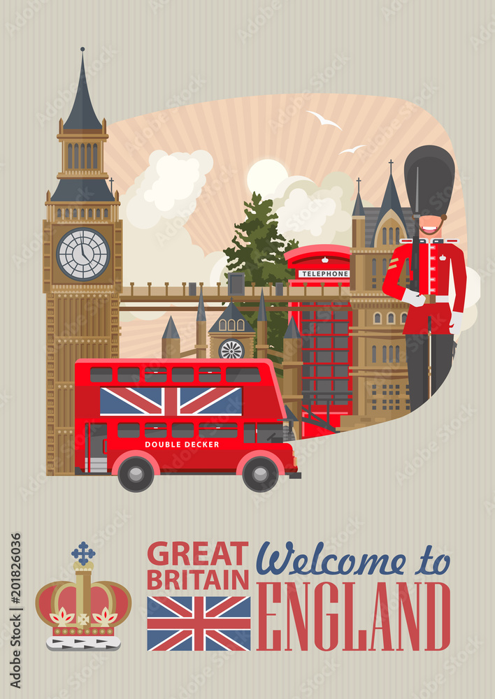 England travel vector illustration. Vacation in United Kingdom. Great ...