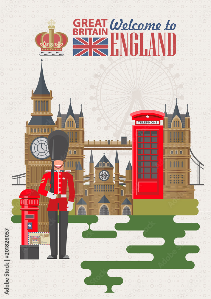 England travel vector illustration. Vacation in United Kingdom. Great ...