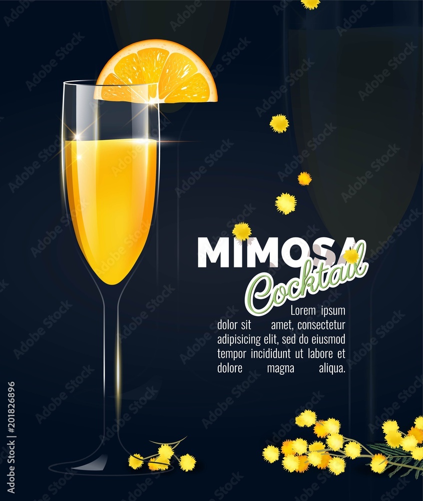 Flyer or poster design with mimosa cocktail on black background. Vector ...