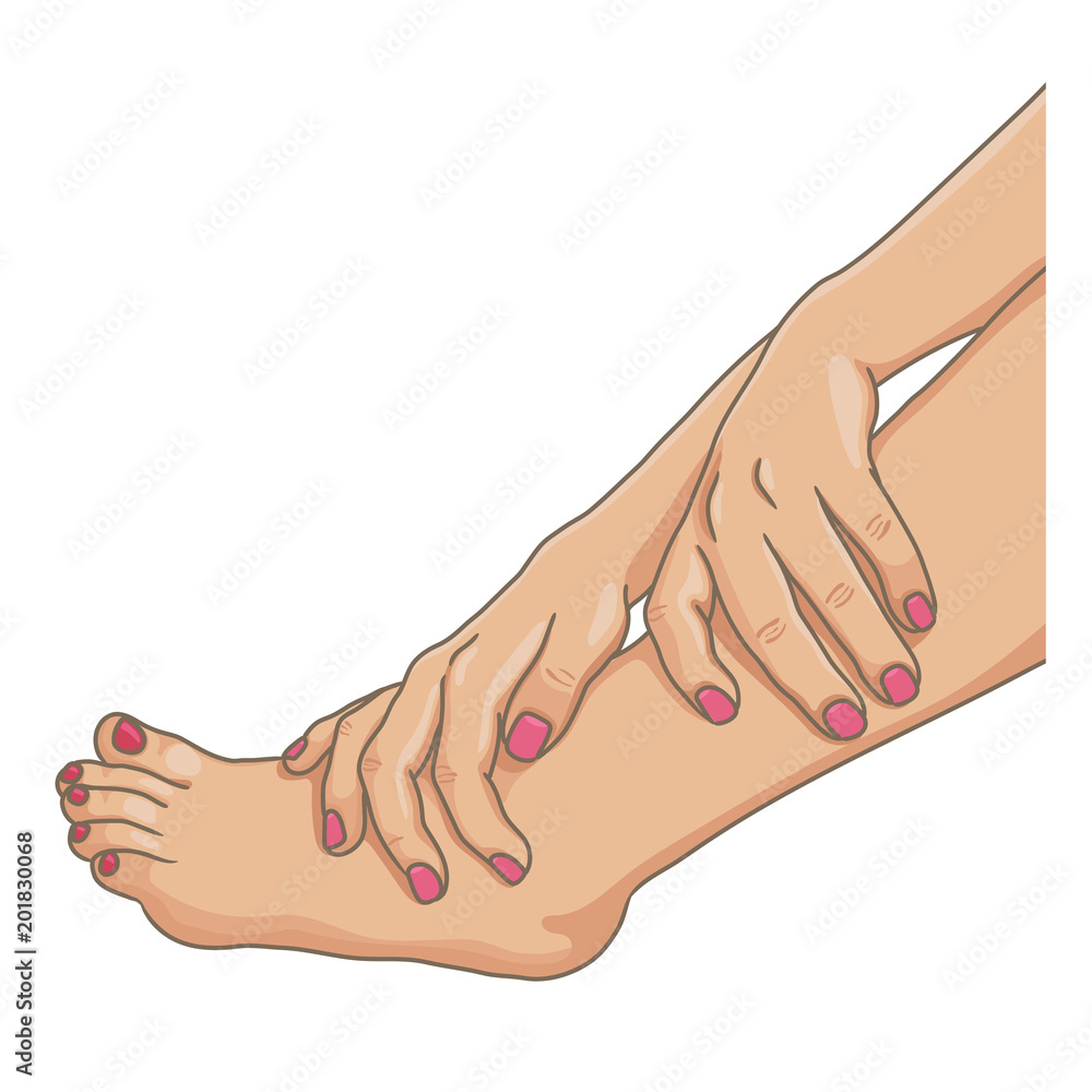 Female legs barefoot with hands holding the ankle, nails colored, side ...