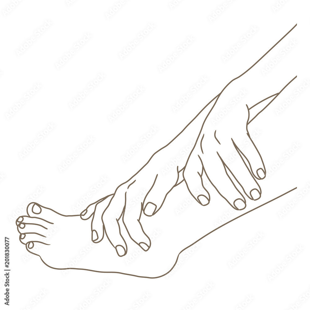 Female legs barefoot with hands holding the ankle, side view. Vector ...