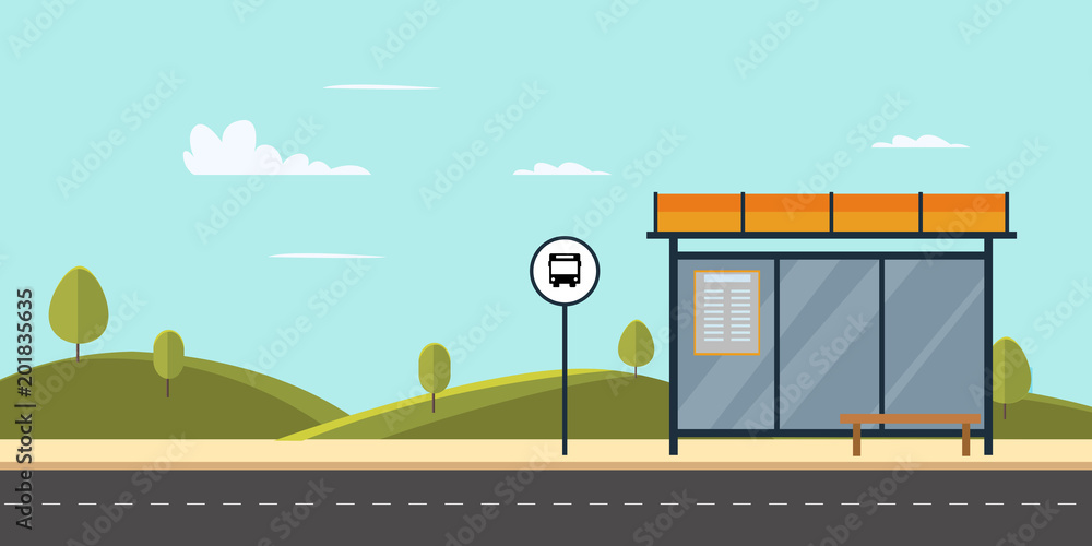 Bus stop on main street city.Public park with bench and bus stop with ...