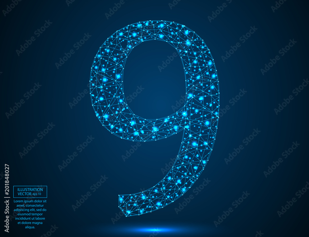 Abstract number nine, figure 9, consisting of triangles, circles, spots ...