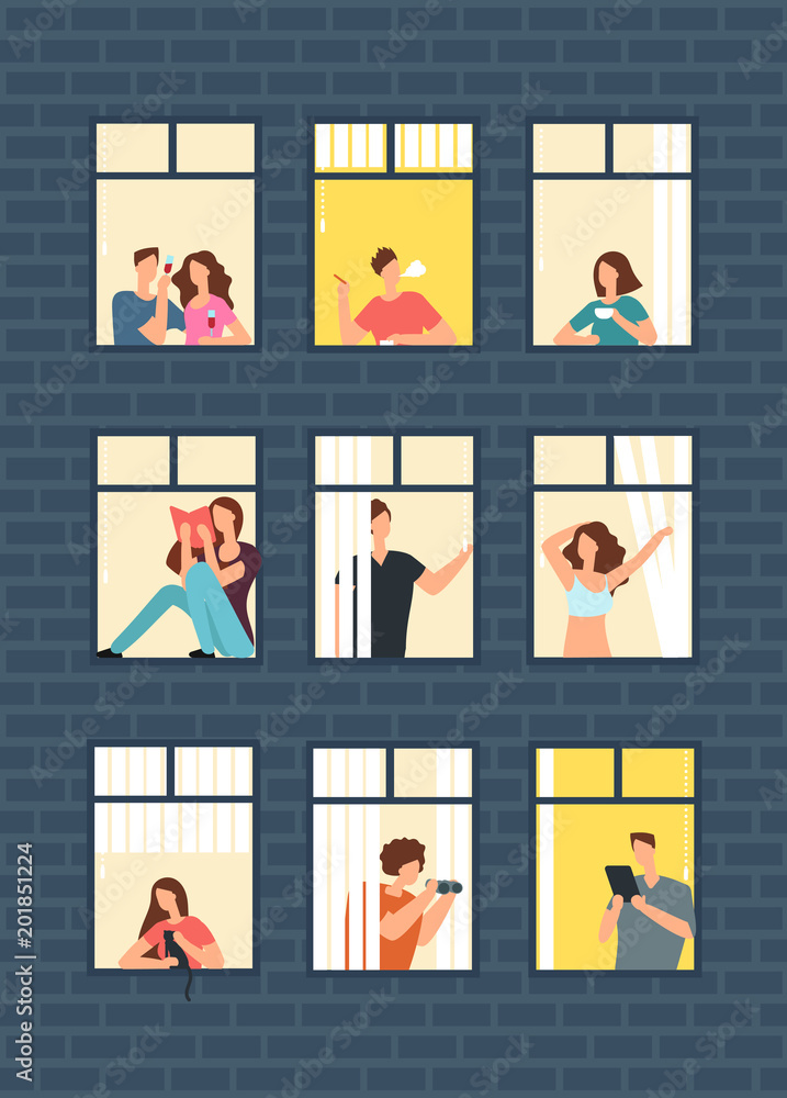 Cartoon man and woman neighbors in apartment windows in building. Happy ...