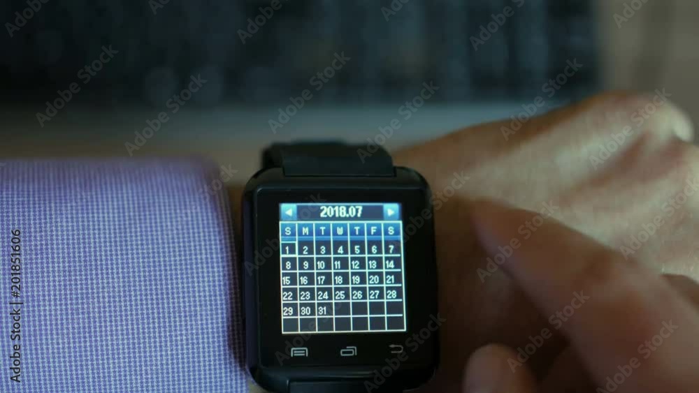 Man Using Calendar App Smart Watch to Check Schedule. Close up ...
