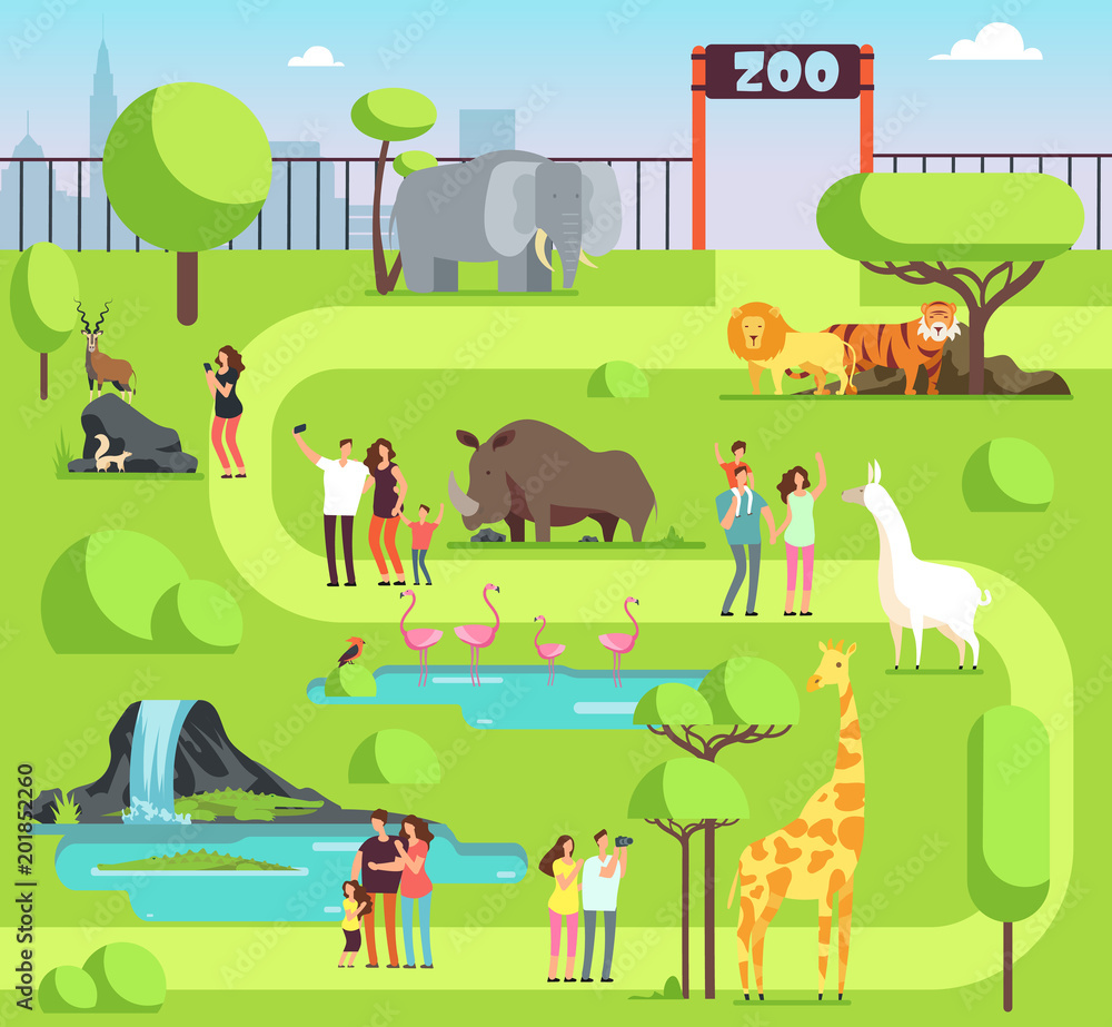 Cartoon zoo with visitors and safari animals. Happy families with kids ...