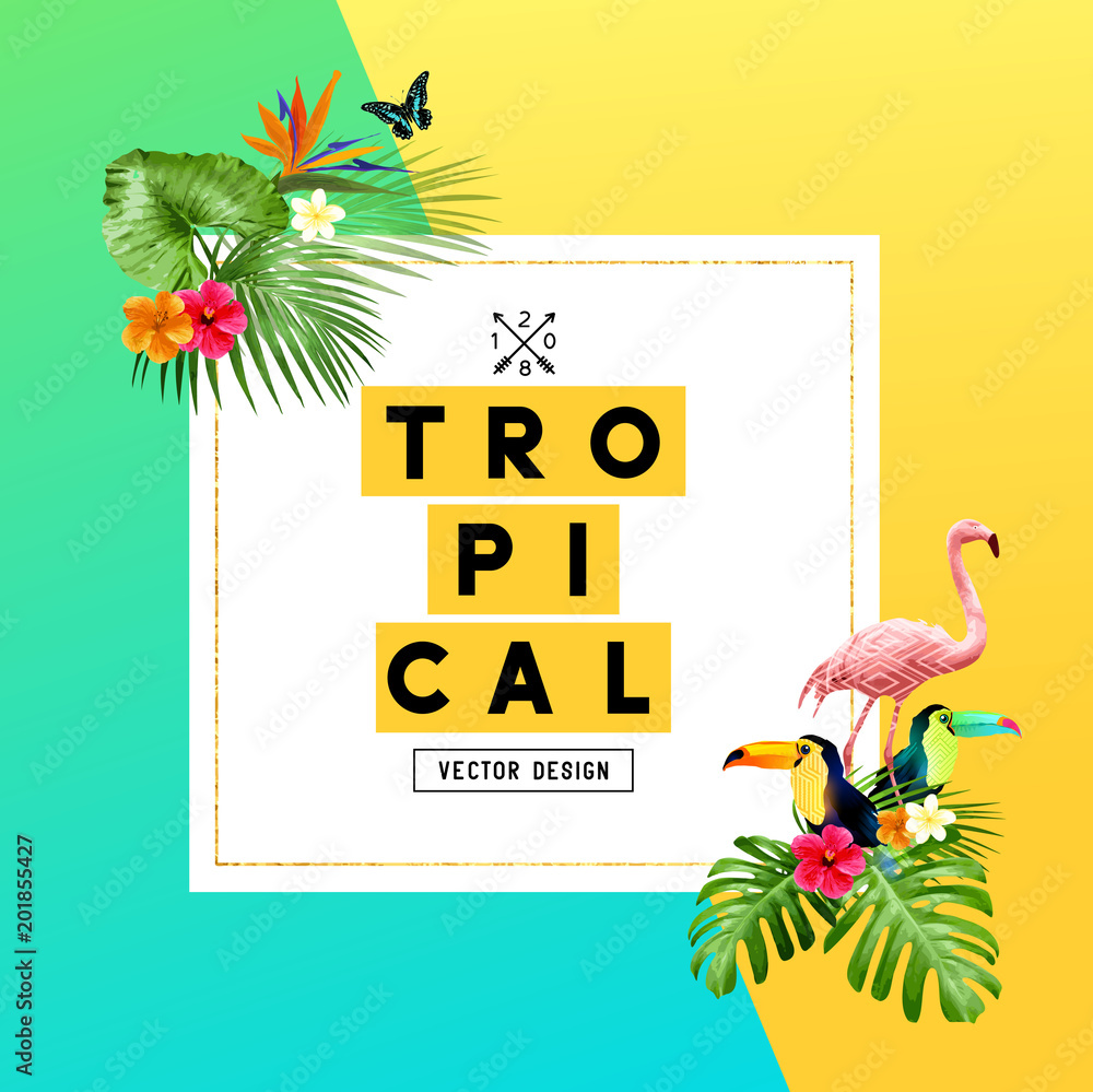 Colourful summer tropical border design with palm leaves, toucan and ...