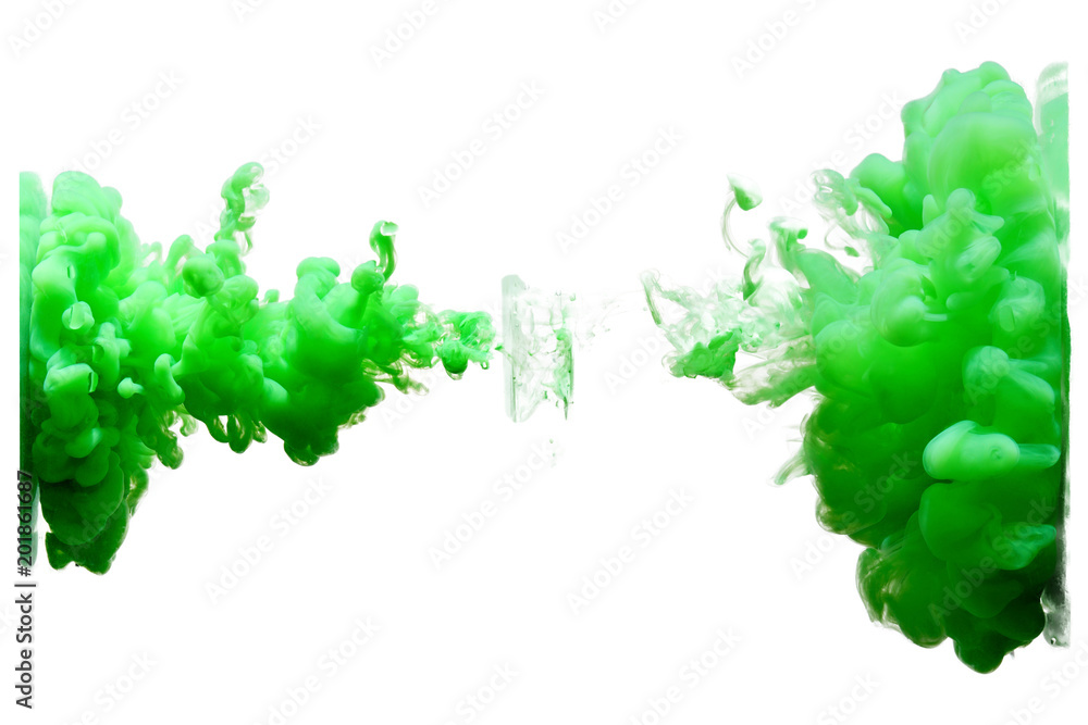 Green water color drop splash diffuse joint together on white ...