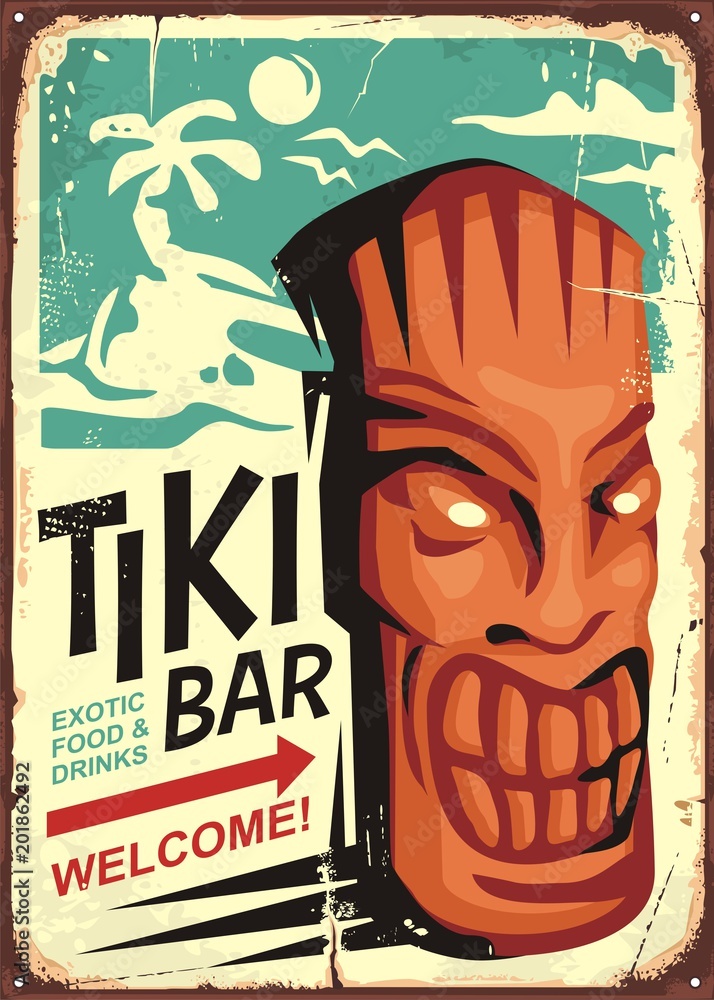 Tiki bar vintage sign concept with tiki mask and tropical landscape ...