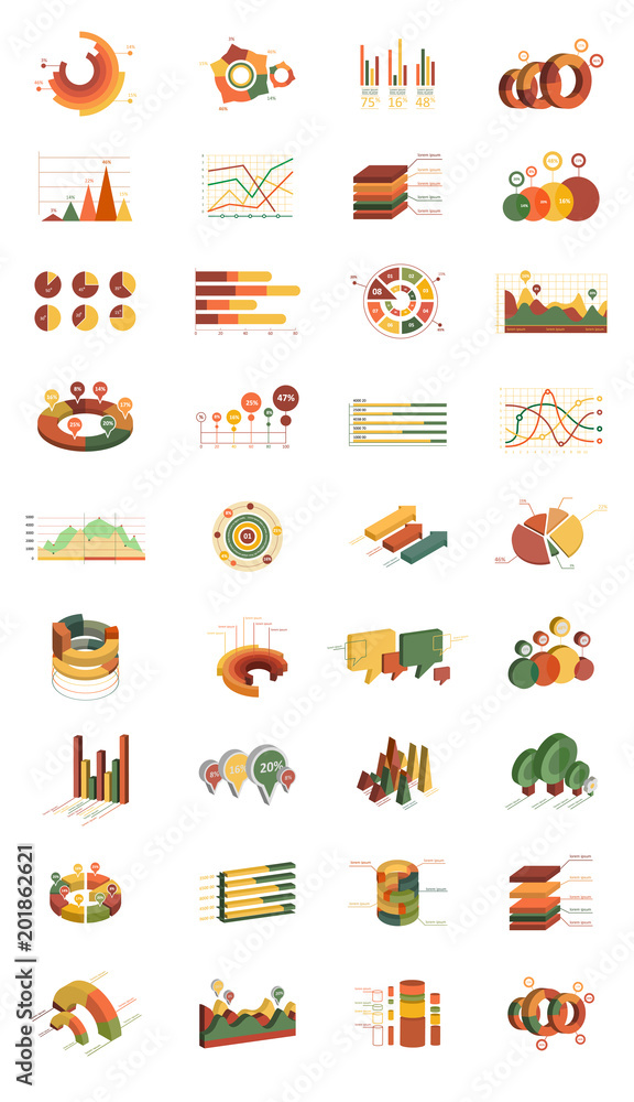 Vector set of isometric infographic elements. Different types of graphs ...