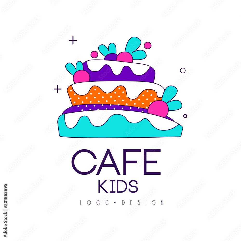 Kids cafe logo design, bright badge with cake, label for childrens and ...