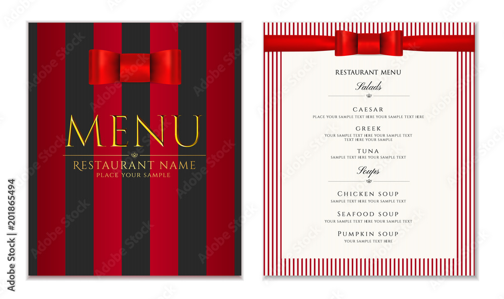 Design Restaurant Menu template with red bow (ribbon) and strips ...
