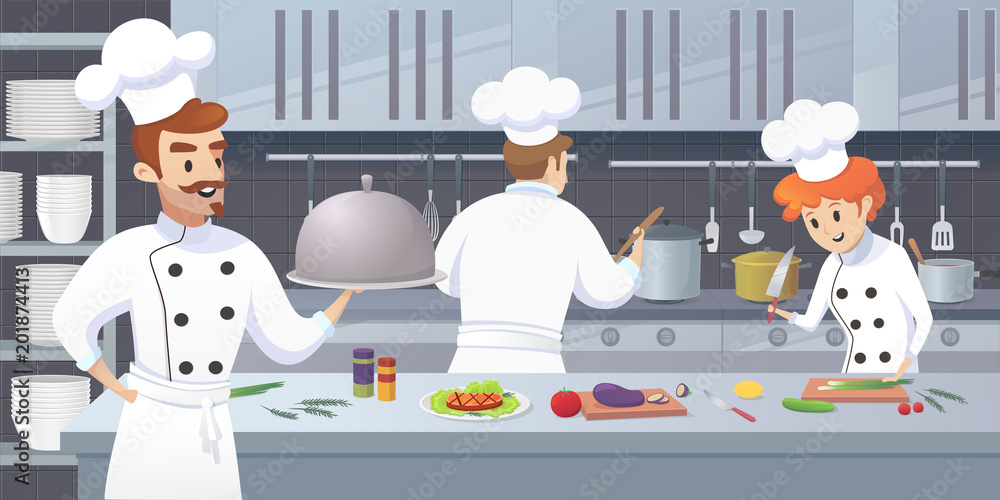 Commercial Kitchen with Cartoon Characters Chef Stock Vector | Adobe Stock