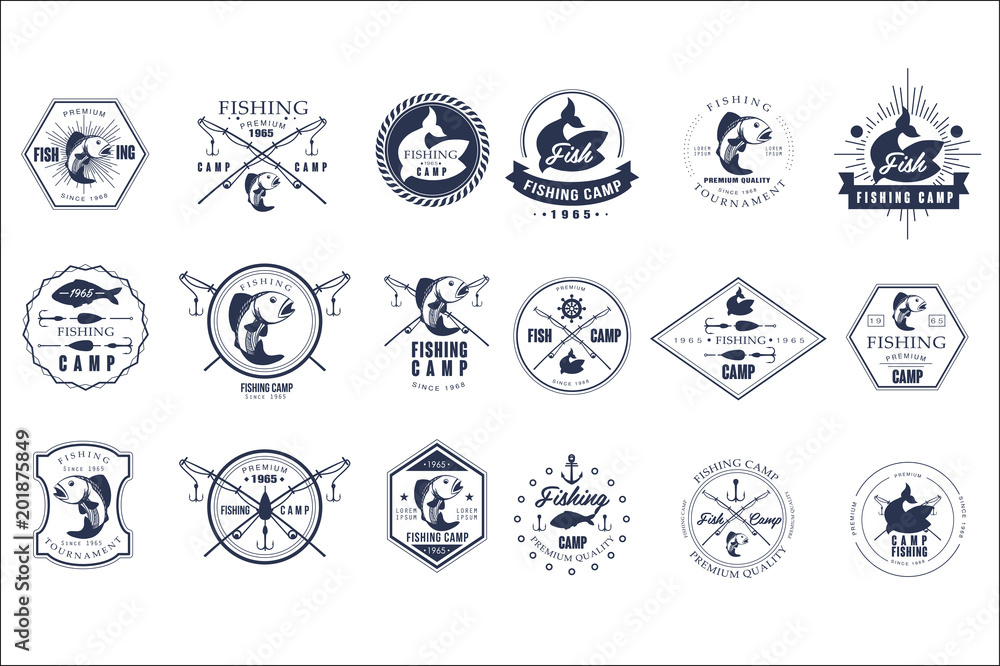 Vector set of vintage fishing camp logo or tournament emblem templates ...