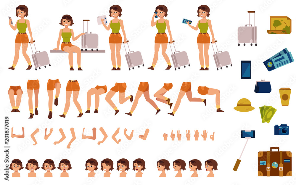 Tourist woman creation kit - set of different body parts, poses, face ...