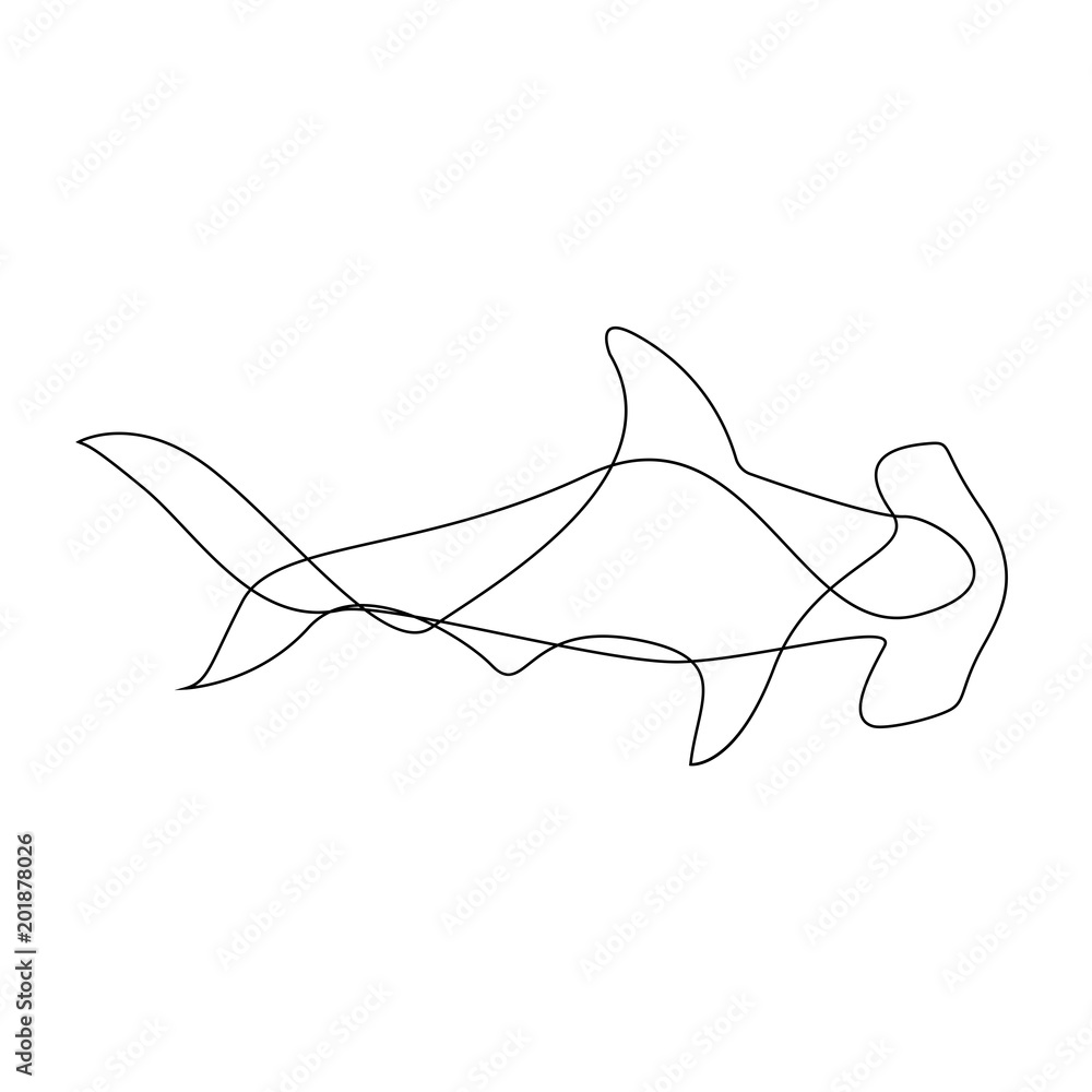 Hammerhead. One line fish design silhouette. Logo design. Hand drawn ...