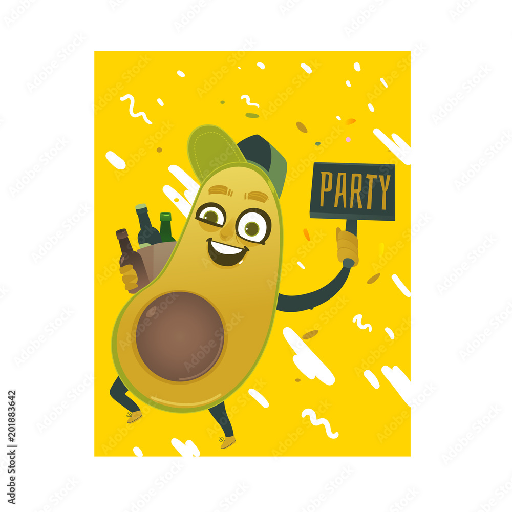 Funny avocado happy fruit character smiling holding glass beer bottle ...