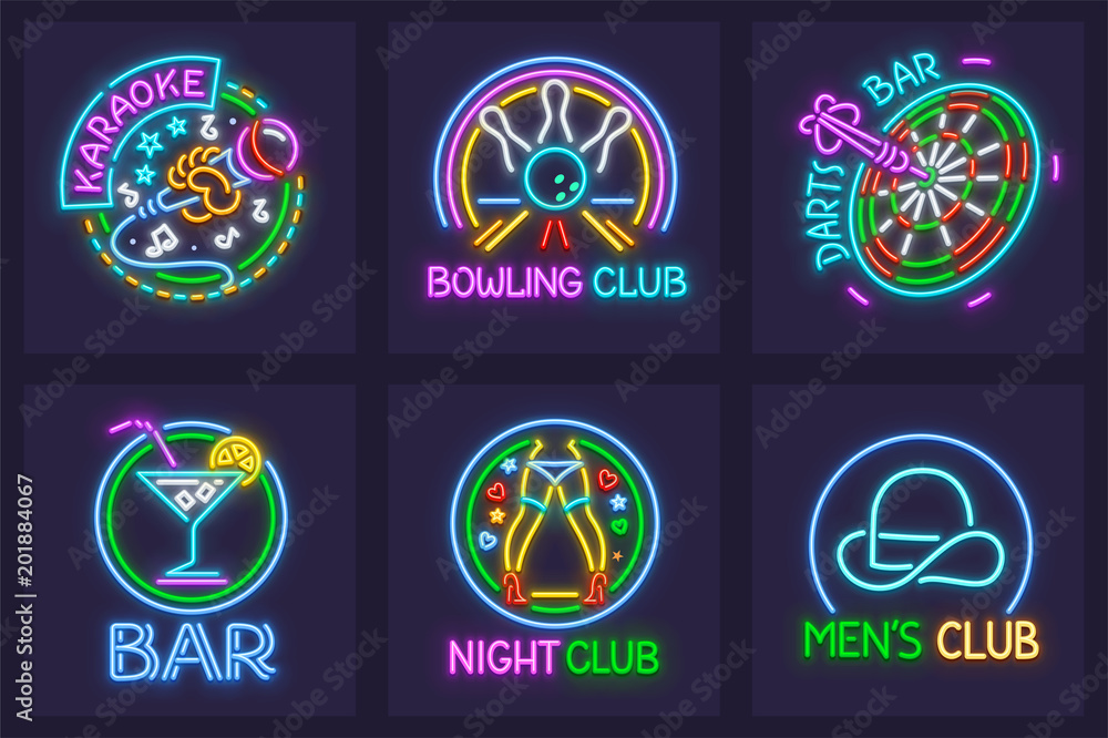 Set of neon signs for nighttime entertainment facilities. Stock Vector ...