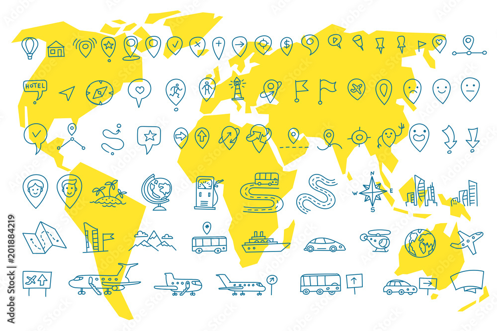 Hand draw map set elements. Transport tracking. Travel geography road ...
