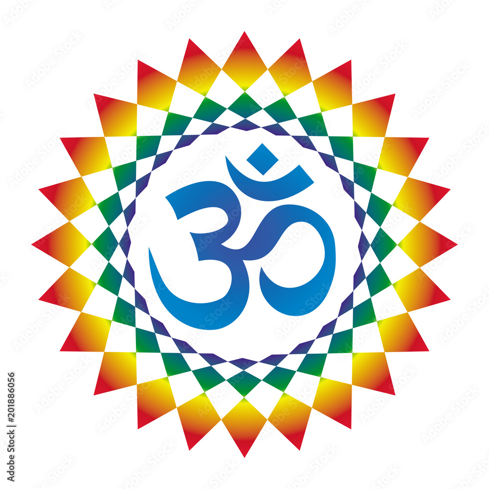 Mandala with the aum sign in the middle in red yellow green blue tones ...