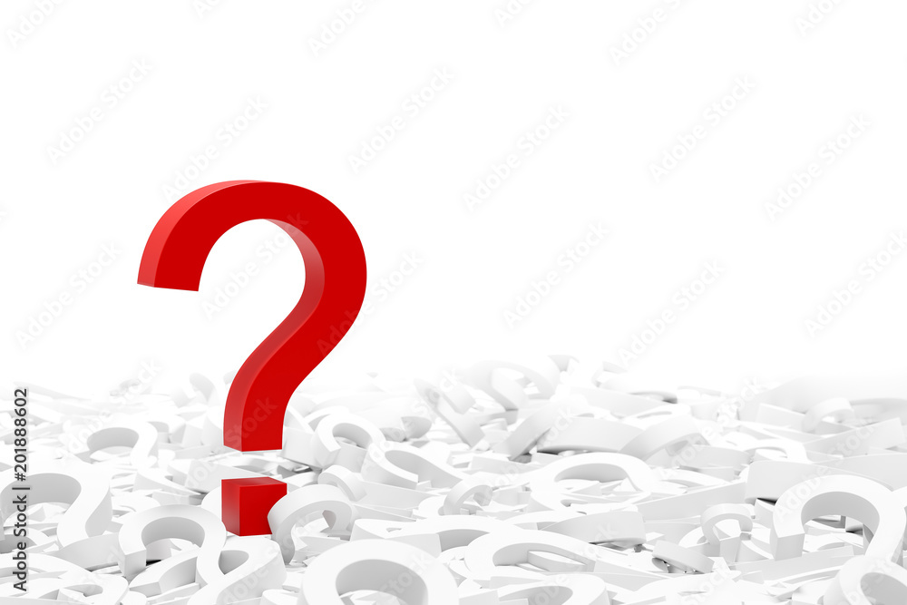 Red question mark on many white question marks, isolated on white ...