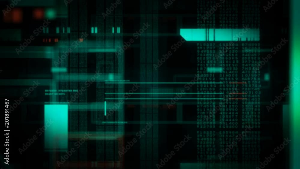 Digital data and graphics flythrough loop. Depicting glowing random ...