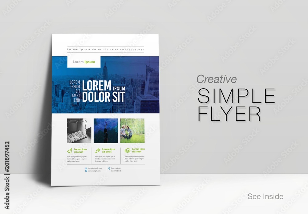 Flyer Layout with Blue Header and Green Accents Stock Template | Adobe ...
