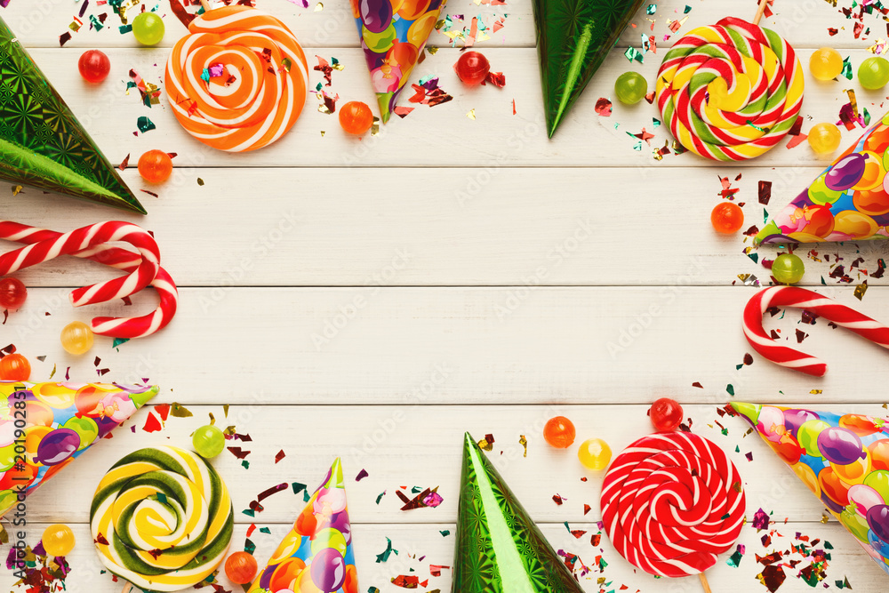 Colorful balloons on white rustic wood, birthday background, top Stock ...