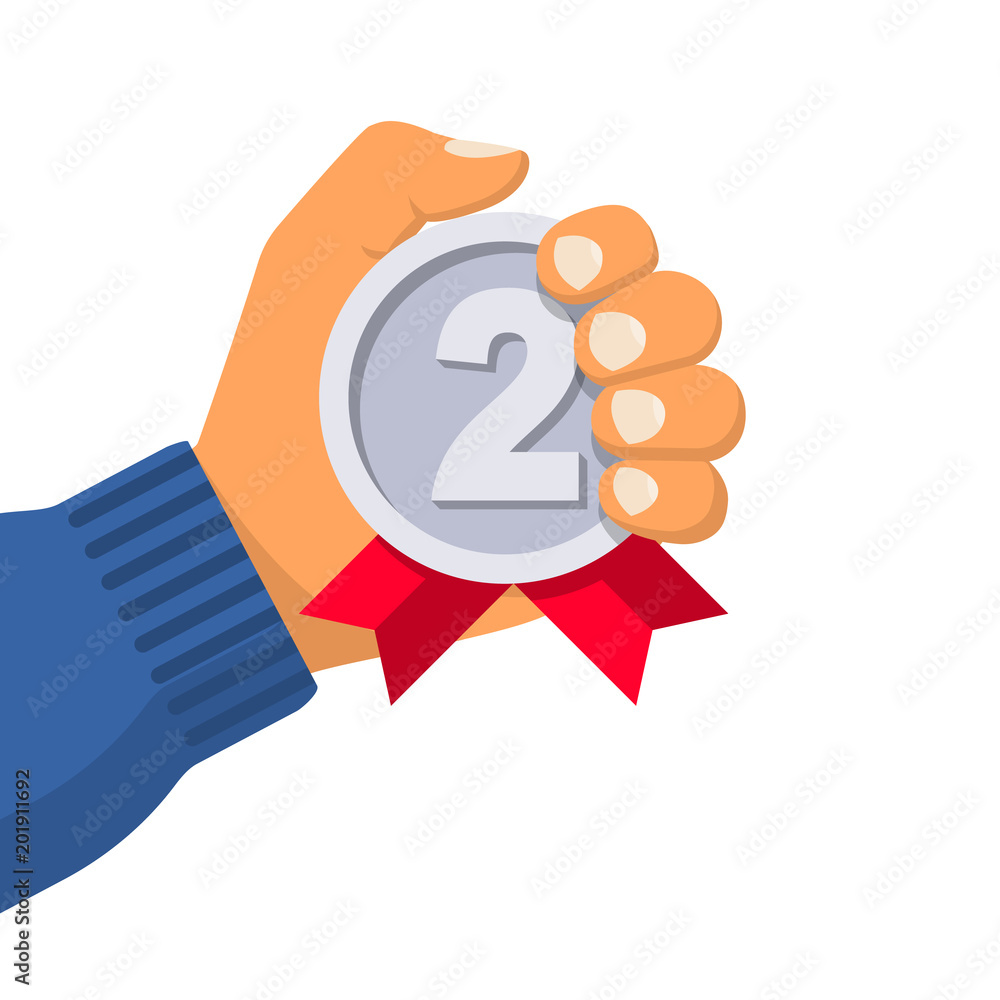 2nd place. Silver medal in the hand of athlete. Medal with ribbon ...