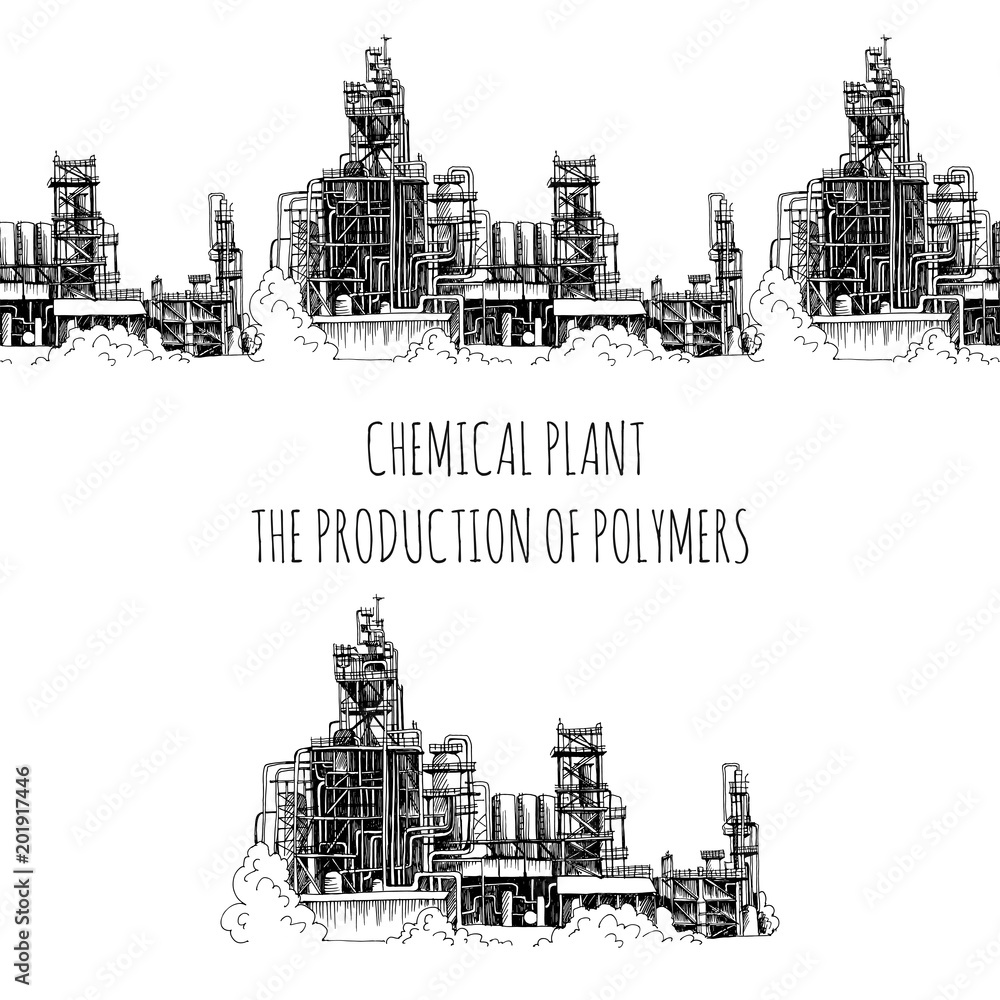 Chemical plant, the production of polymers, hand-drawn sketch vector ...