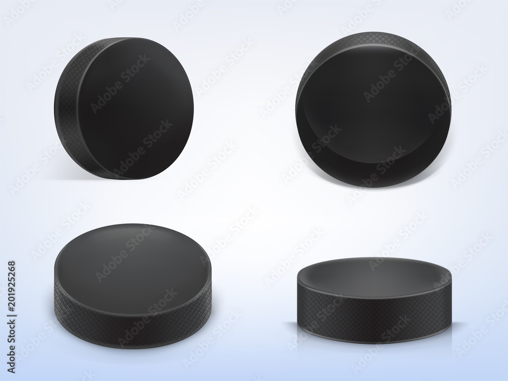 Vettoriale Stock Vector set of 3d realistic black rubber pucks for play ...