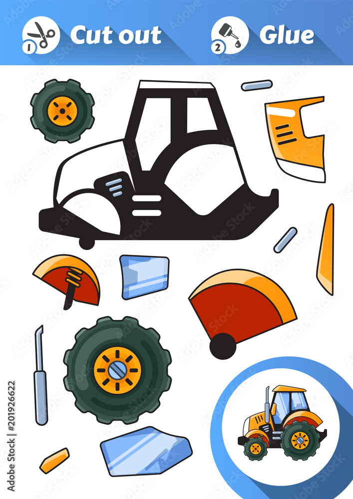 Cut and Glue is an educational game for kids. Yellow Tractor Side View ...