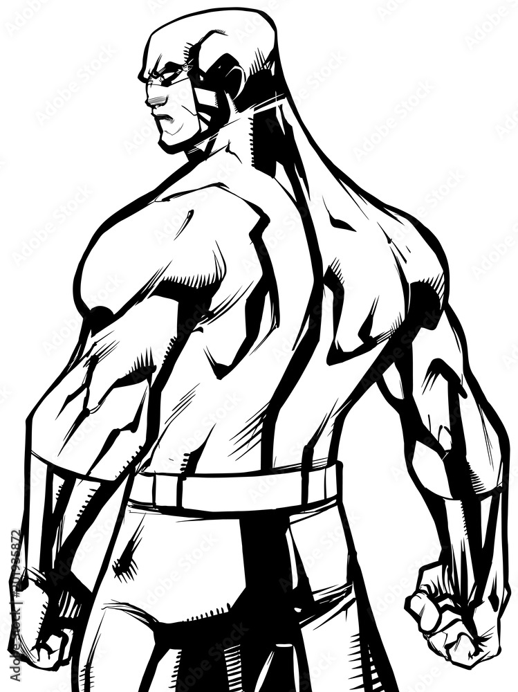 Line art illustration of powerful superhero standing ready for battle ...