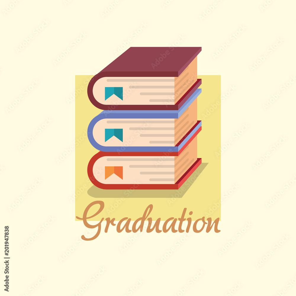 graduation design with stack of books over yellow background, vector ...