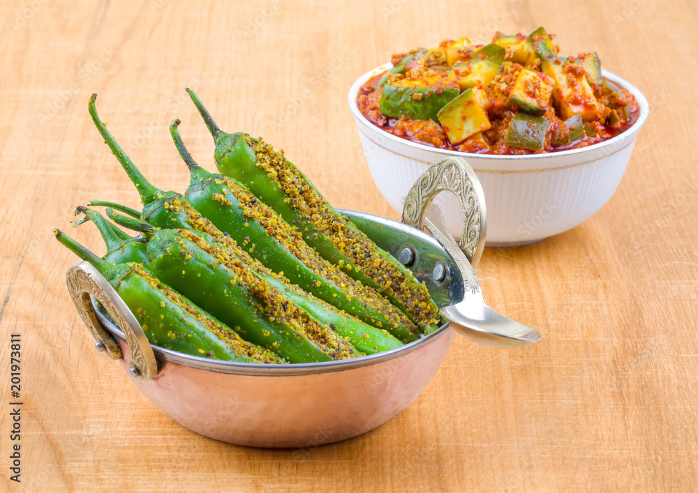 Indian Spicy Green Chilli Pickle with Mango Pickle Also Know as Mirchi ...