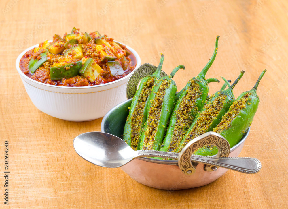 Indian Spicy Green Chilli Pickle with Mango Pickle Also Know as Mirchi ...