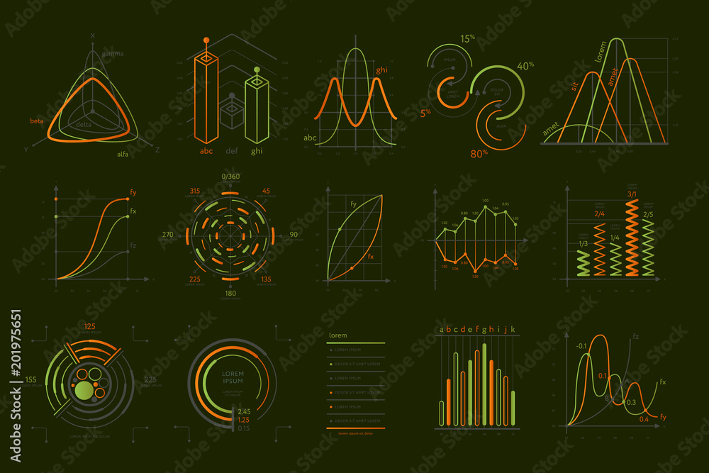 Abstract data visualization set isolated on black background. Marketing ...