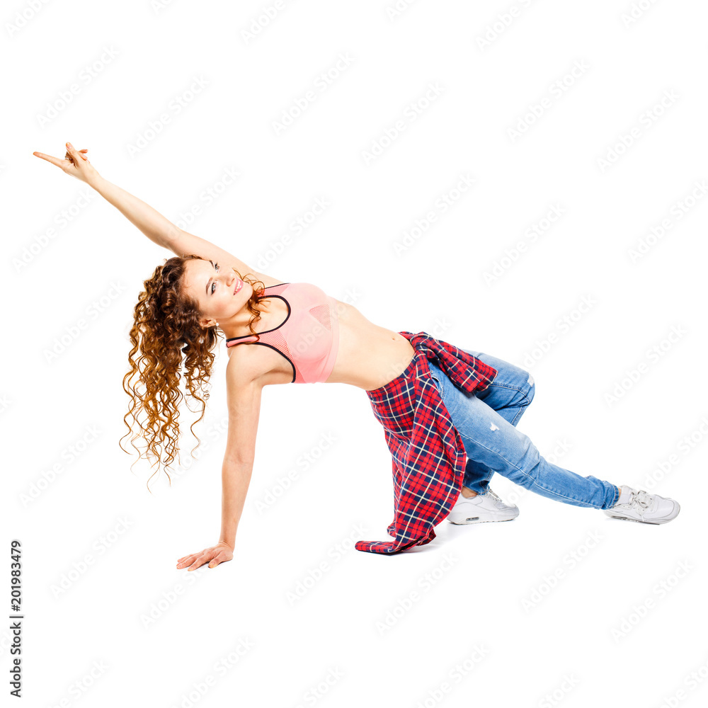 Young smiling fitness girl dancing zumba isolated on white background ...