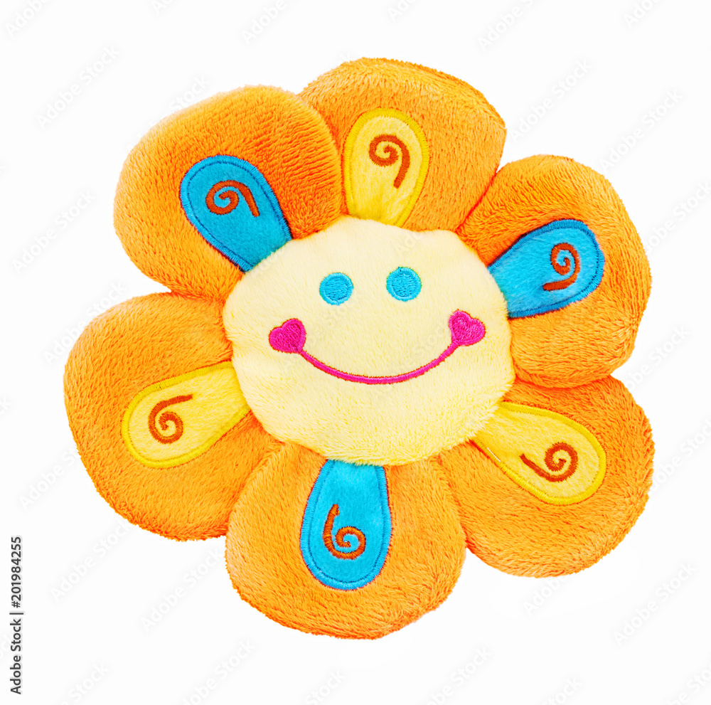 Plush colourful flower with smiling face for little kids isolated on ...
