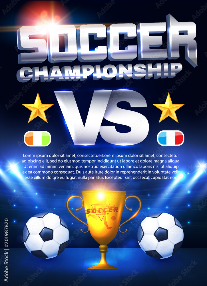 Soccer Championship Poster Layout Design Template with Gold Winner Cup ...