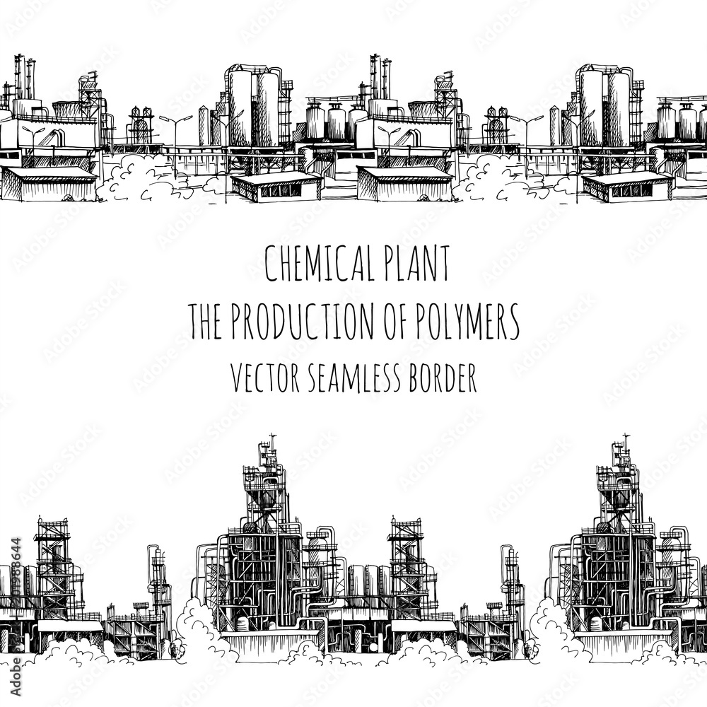Chemical plant, the production of polymers, hand-drawn sketch vector ...