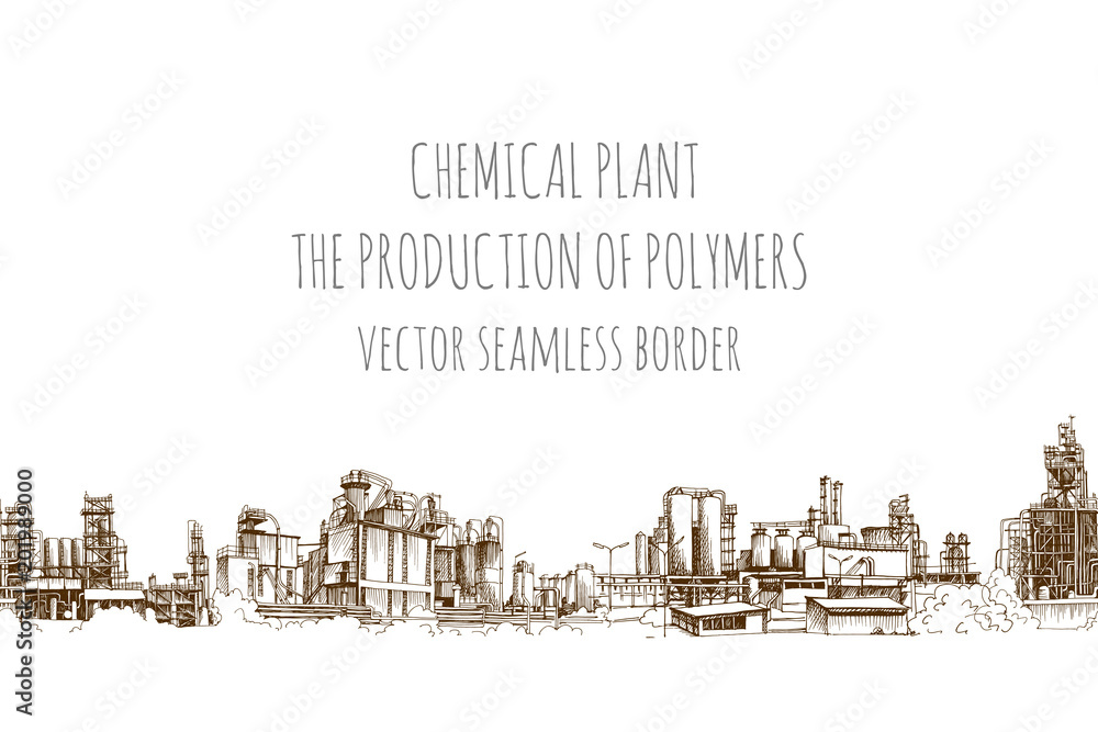 Chemical plant, the production of polymers, hand-drawn sketch vector ...