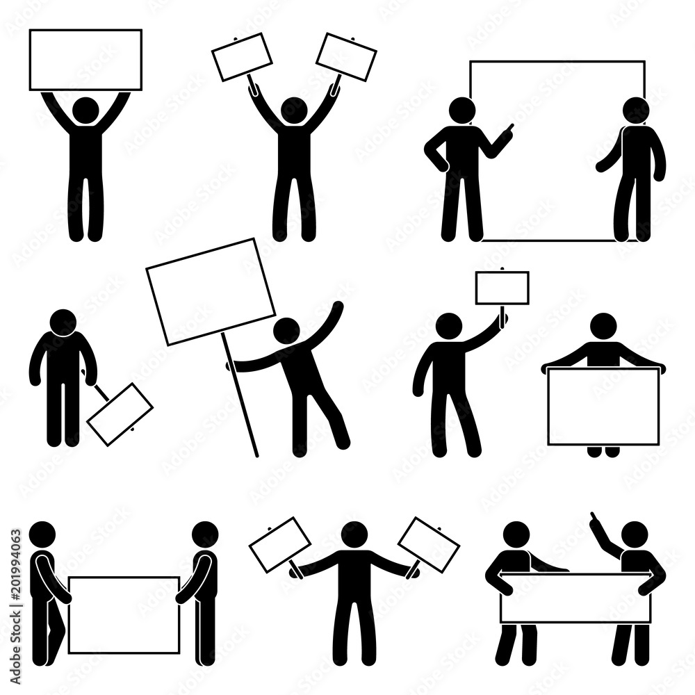 Stick figure join protest set. Vector illustration of people holding ...