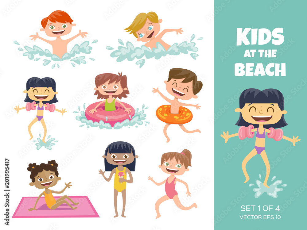 Collection of kids playing at the beach. Cartoon characters isolated on ...