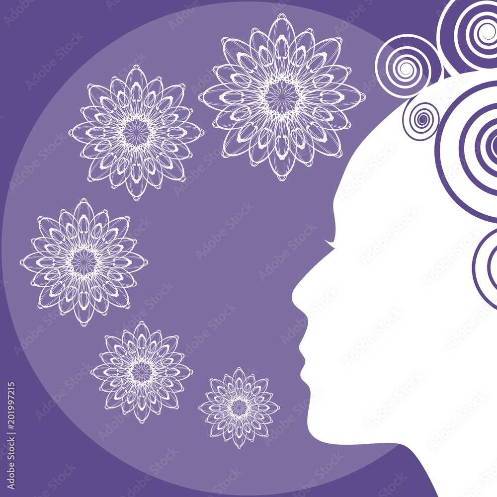 Ultraviolet background with lady face silhouette, trendy purple ...